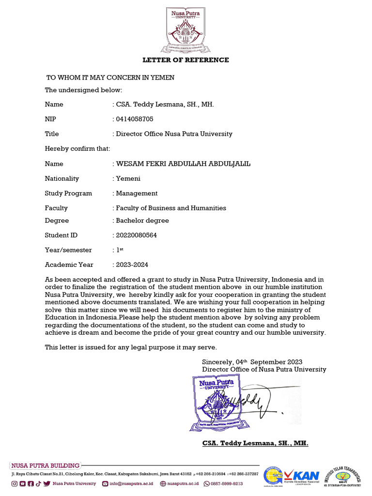 Letter of Reference Wesam Fekri Abdullah Abduljalil | PDF