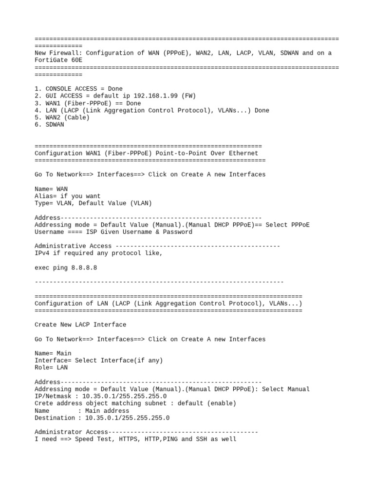 Fortigate Configure WAN1 (PPPoE), WAN2, LACP, VLAN and SDWAN. | PDF | Ip Address | Firewall ...