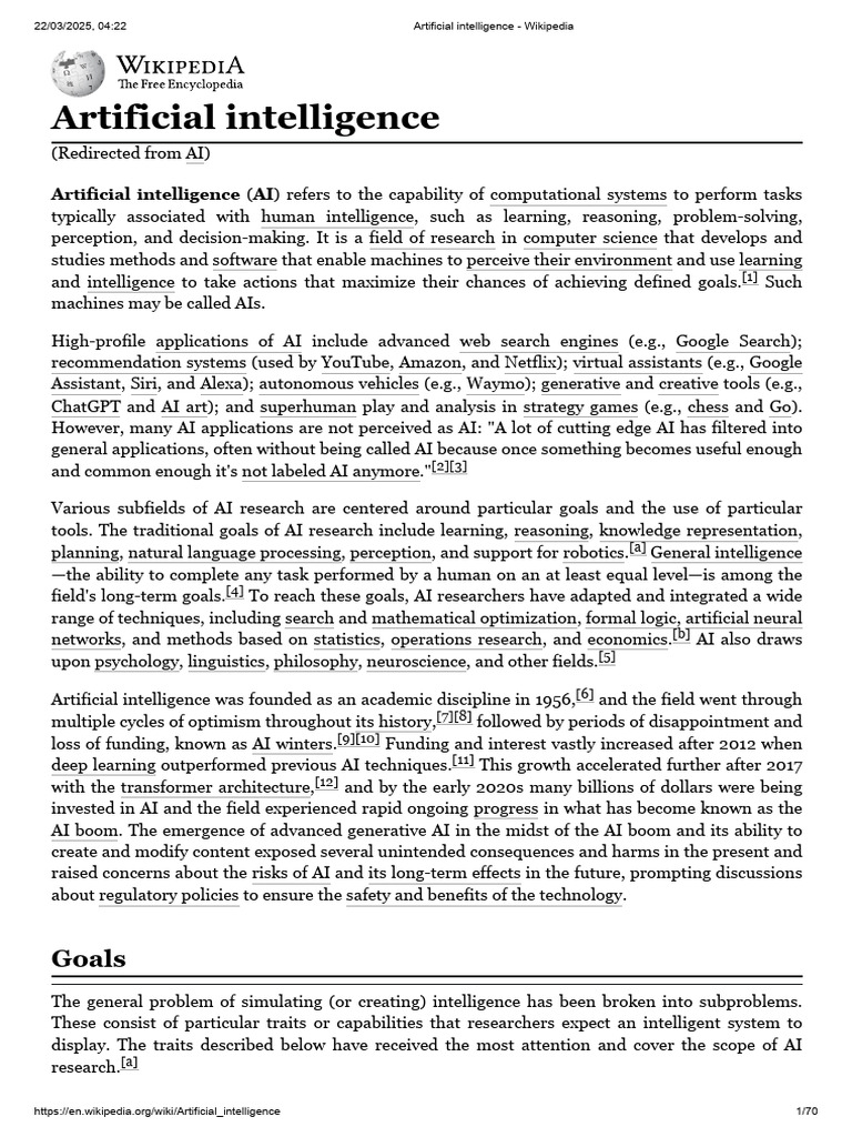 Artificial Intelligence - Wikipedia | PDF | Artificial Intelligence | Intelligence (AI) & Semantics