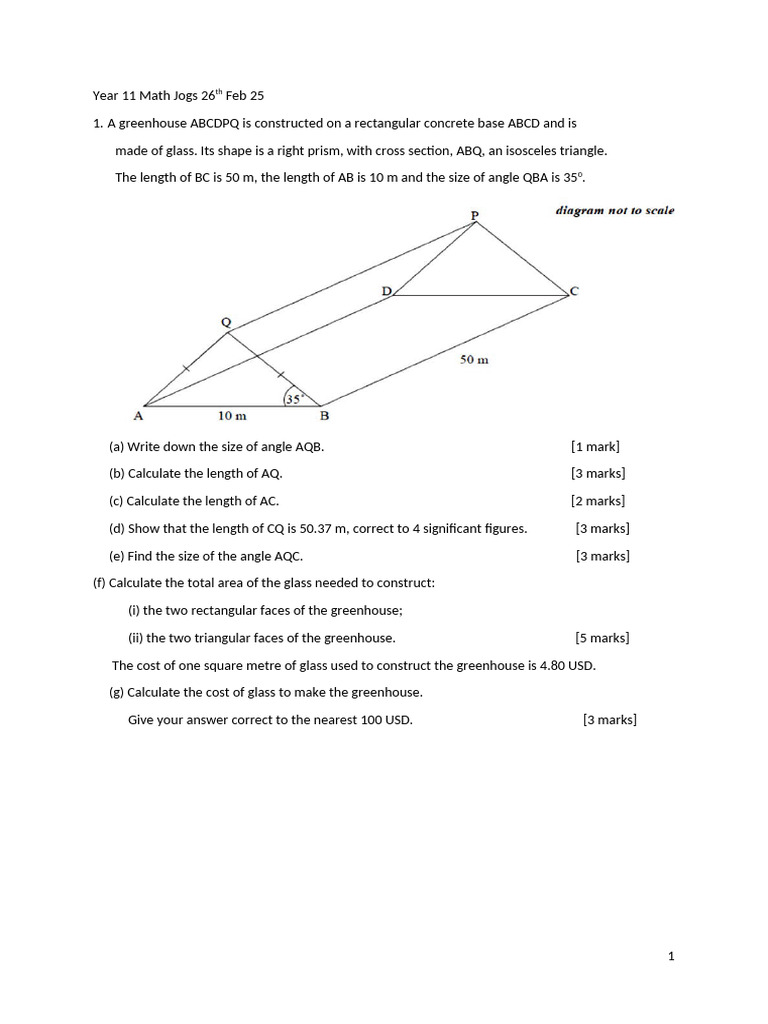 Year 11 Math Jogs 26th Feb 25 | PDF | Area | Volume