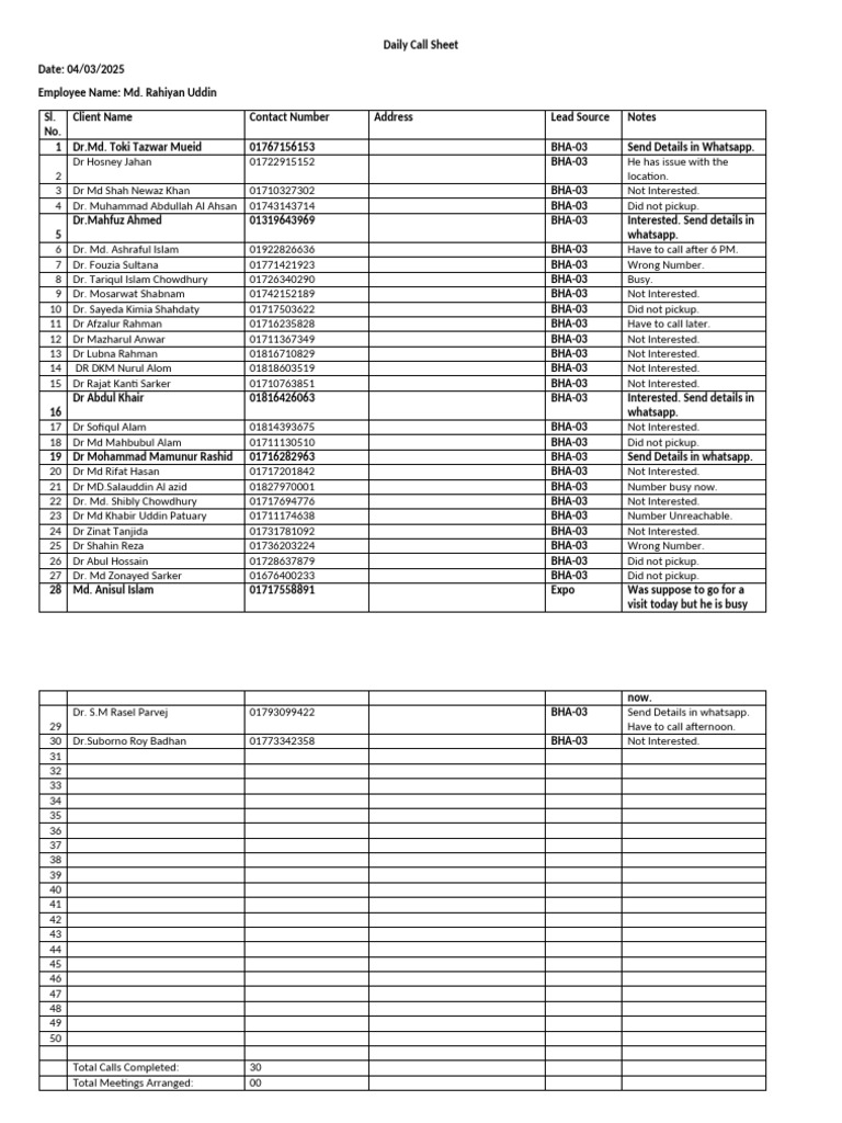 Daily Call Sheet of Rahiyan (04.03.2025) | PDF | Bangladesh