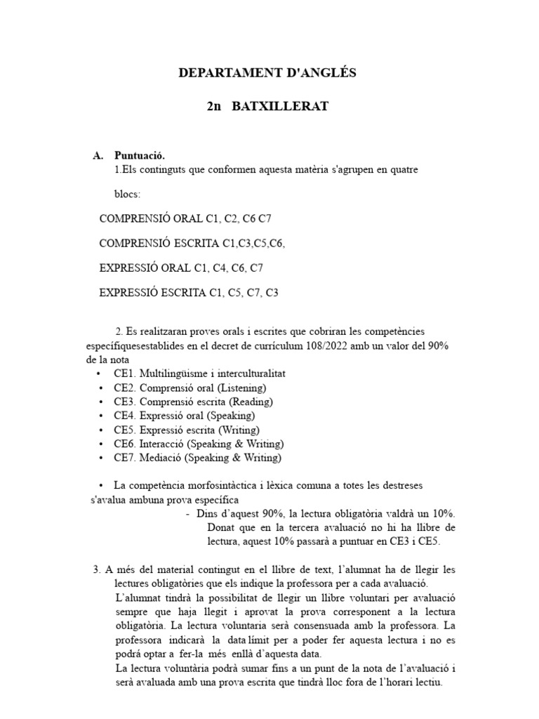 CRITERIS AVALUACIÓ LLENGUA ANGLESA | PDF