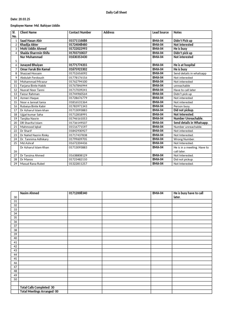 Daily Call Sheet for March 20, 2025 | PDF | Bangladesh