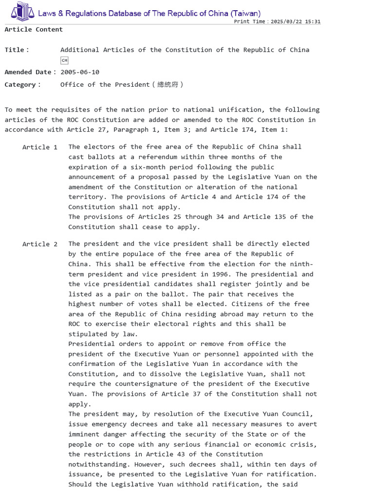 Additional Articles of The Constitution of The Republic of China ...