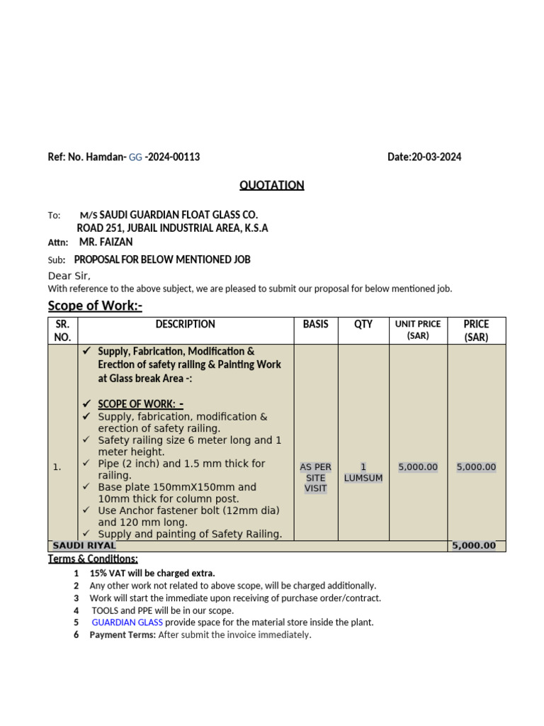 113 Quotation For Instalattion of Safety Railing Work | PDF
