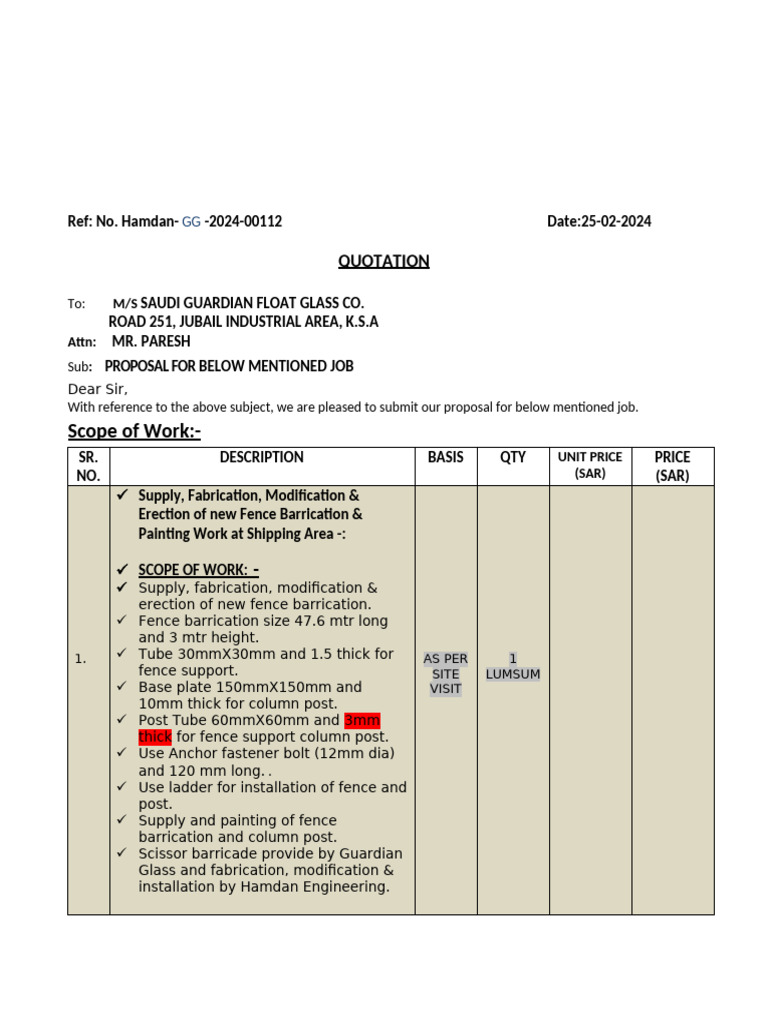 112 QUOTATION FOR INSTALATTION OF FENCING & SCISSOR BARRICADE WORK | PDF