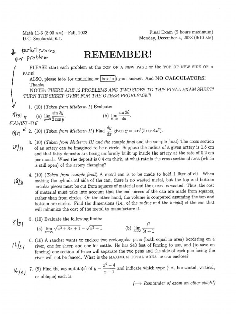 Math 11 2023 Fall Final | PDF