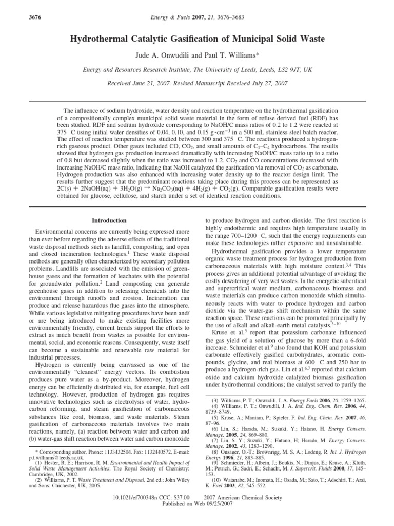 Hydrothermal Gasiﬁcation of Waste for Hydrogen | PDF | Gas ...
