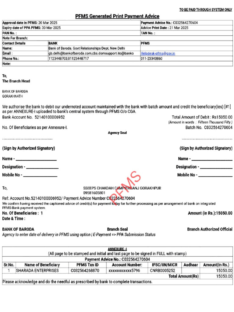 PFMS Payment Advice for Bank Transactions | PDF | Banks | Service Industries