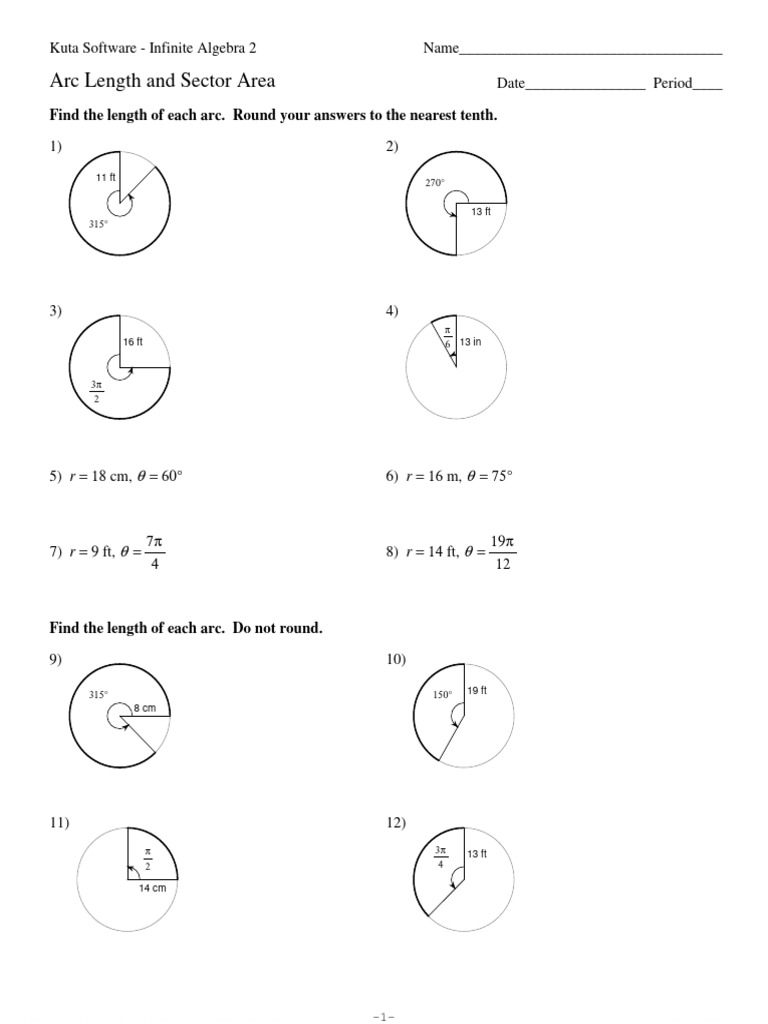 Arc Length and Sector Area Worksheet | PDF | Area | Geometry