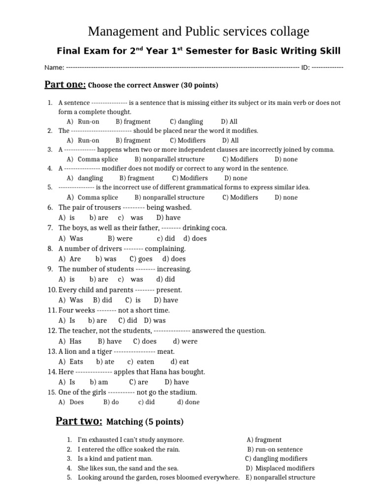 Final Exam Basic Writing Skill | PDF | Comma | Sentence (Linguistics)