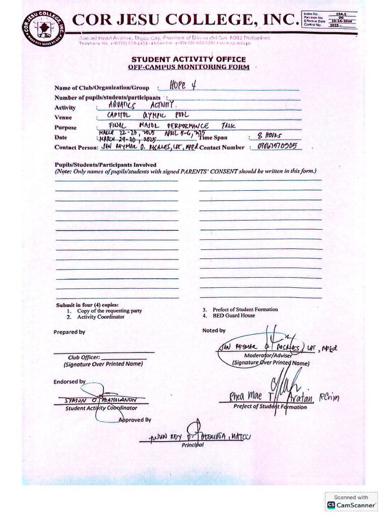 Off Campus Monitoring Form | PDF