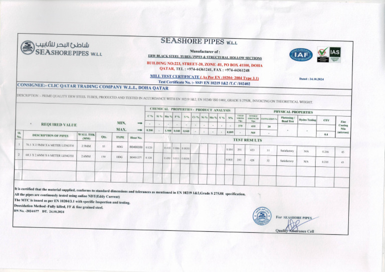 HDG PIPE 76.1 MM 2.9MM THK & 60.3 MM X 2.6 MM THK PIPES -24.10.2024 | PDF