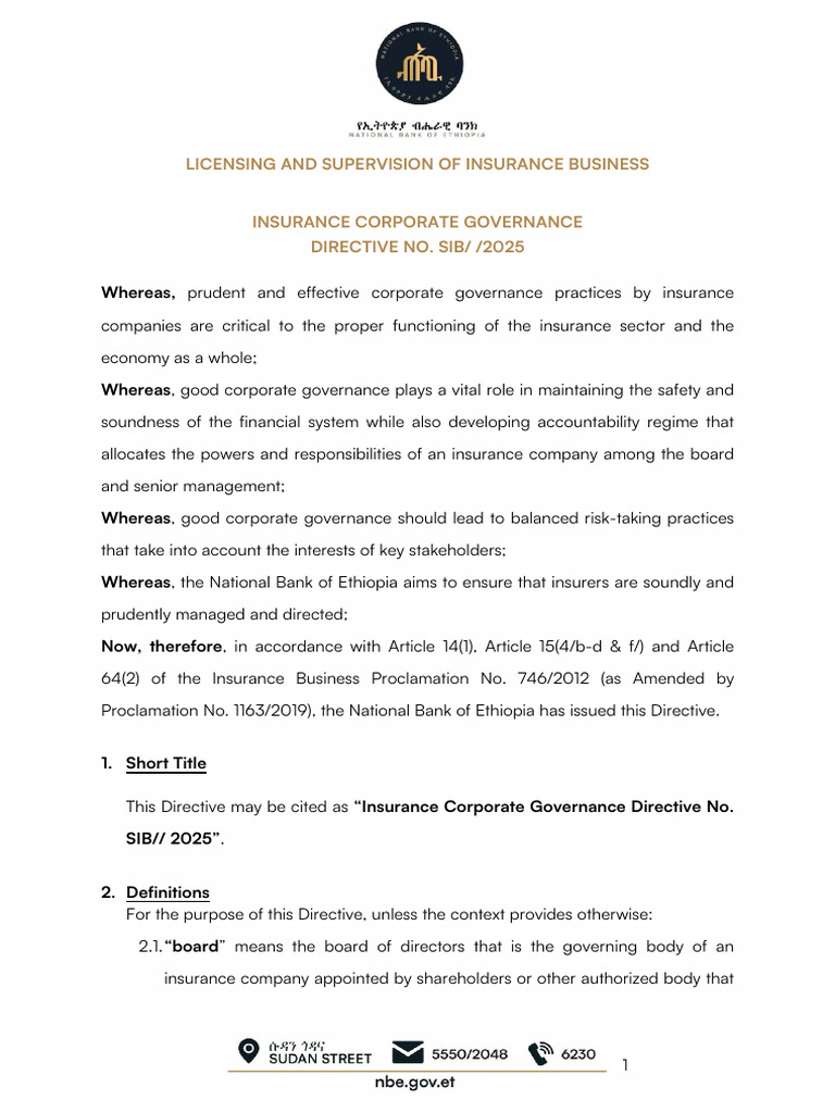 Draft Insurance Corporate Governance Directive No. SIB - 2025 | PDF ...