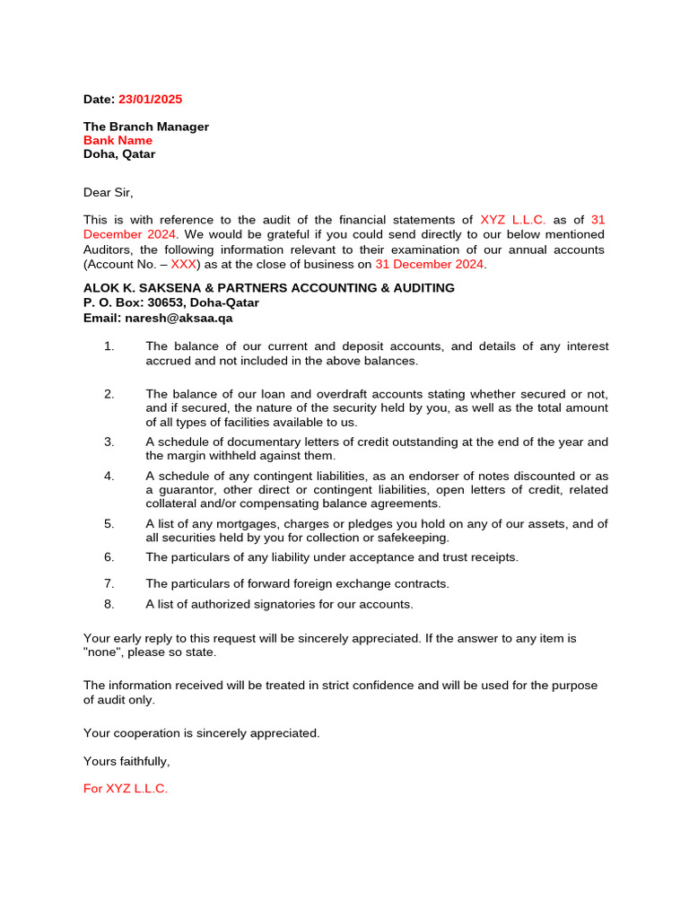 Bank Balance Confirmation Lettter | PDF