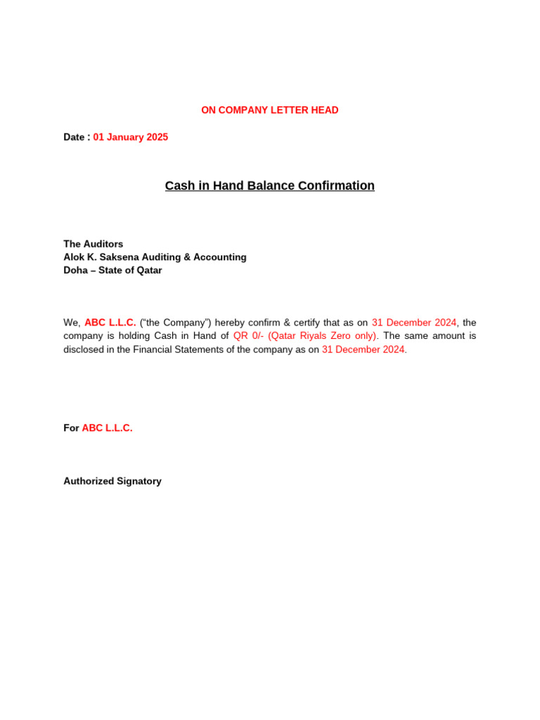 04 Cash Confirmation Format 2024 | PDF