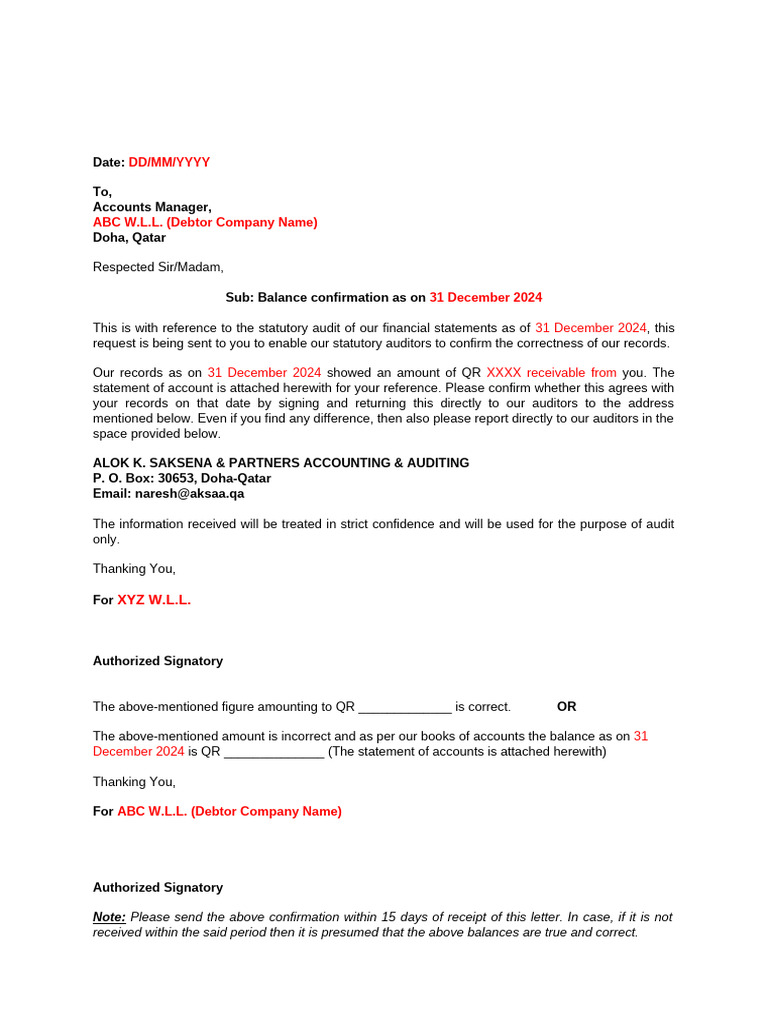 Recevables Balance Confirmation Format | PDF