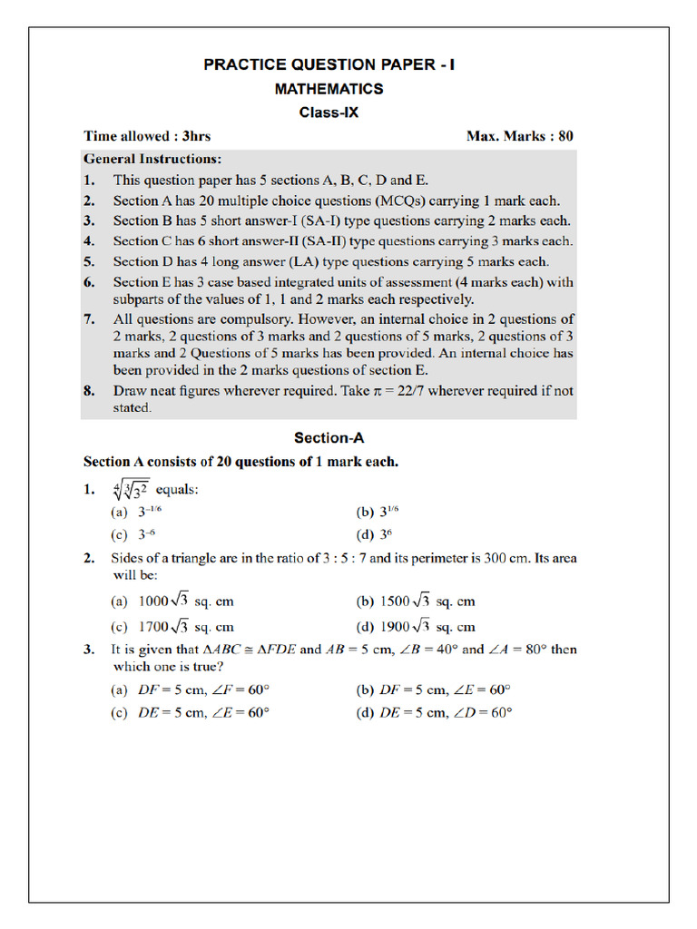 Class IX (9) Maths Practice Question Paper (Sample Paper) | PDF