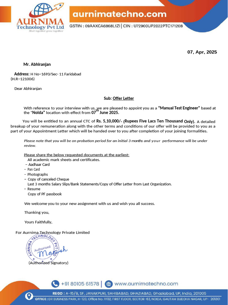 Manish Saini Offer Letter | PDF | Salary | Business