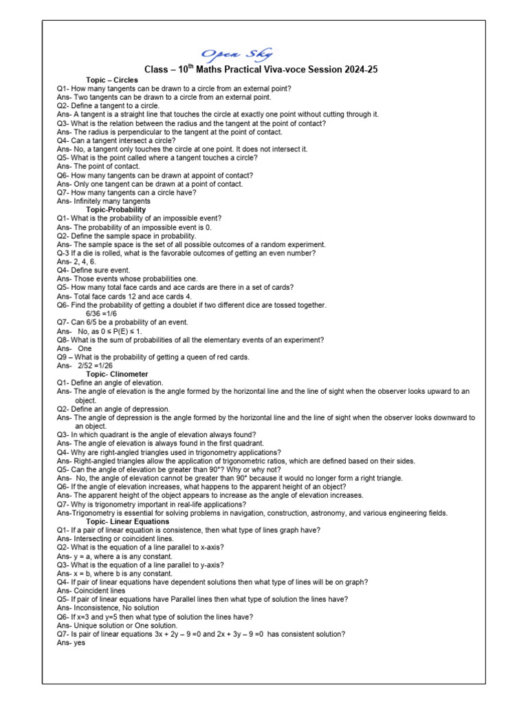 Viva Question Class 10th | PDF | Trigonometry | Circle