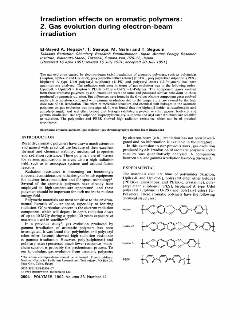 Irradiation effects on aromatic polymers Gas evolution during electron ...