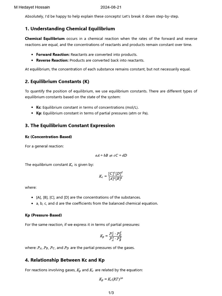 Kp and Kc in Chemical Equilibrium | PDF | Chemical Equilibrium ...