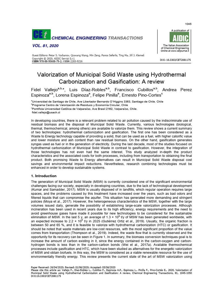 Valorization of Municipal Solid Waste Using Hydrothermal Carbonization and Gasification A Review ...