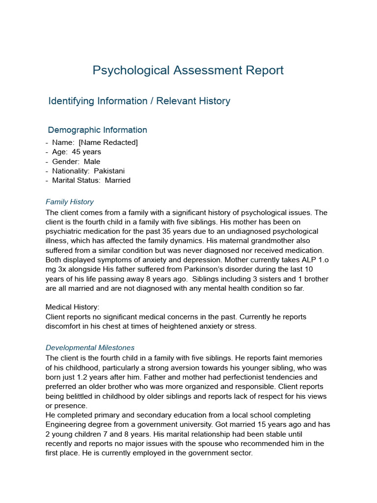 Psychological Assessment Report | PDF | Dissociation (Psychology) | Anxiety