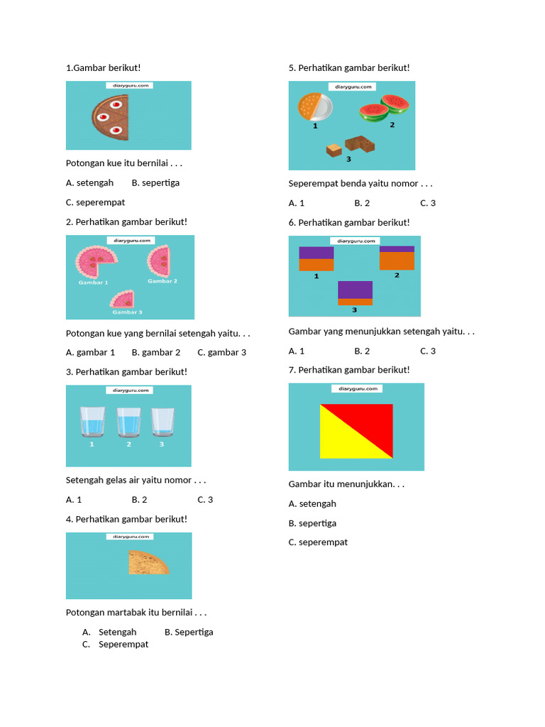 Latihan Soal Pecahan Setengah Benda Utuh (Kelas 2) | PDF