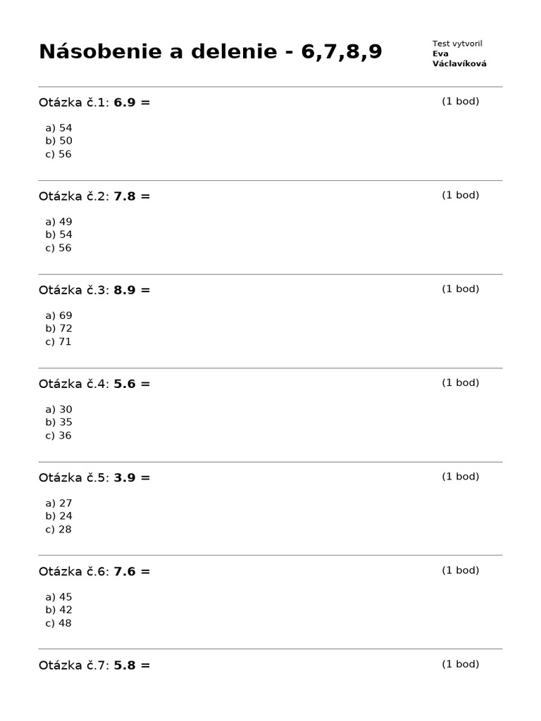 Násobenie A Delenie - 6,7,8,9 | PDF