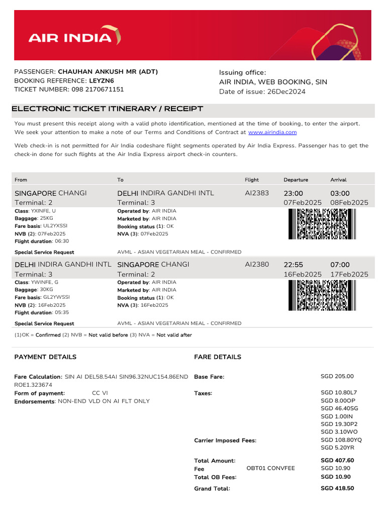 Air India Web Booking Eticket (LEYZN6) - ANKUSH | PDF