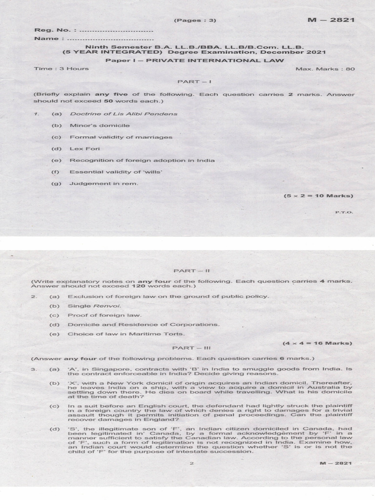 9th BA BBA BCom Private International Law Dec 2021 | PDF