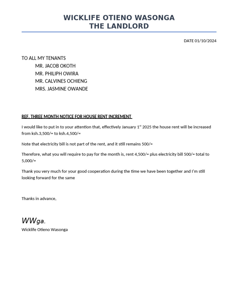 Notice of Rent Increment to Tenants | PDF