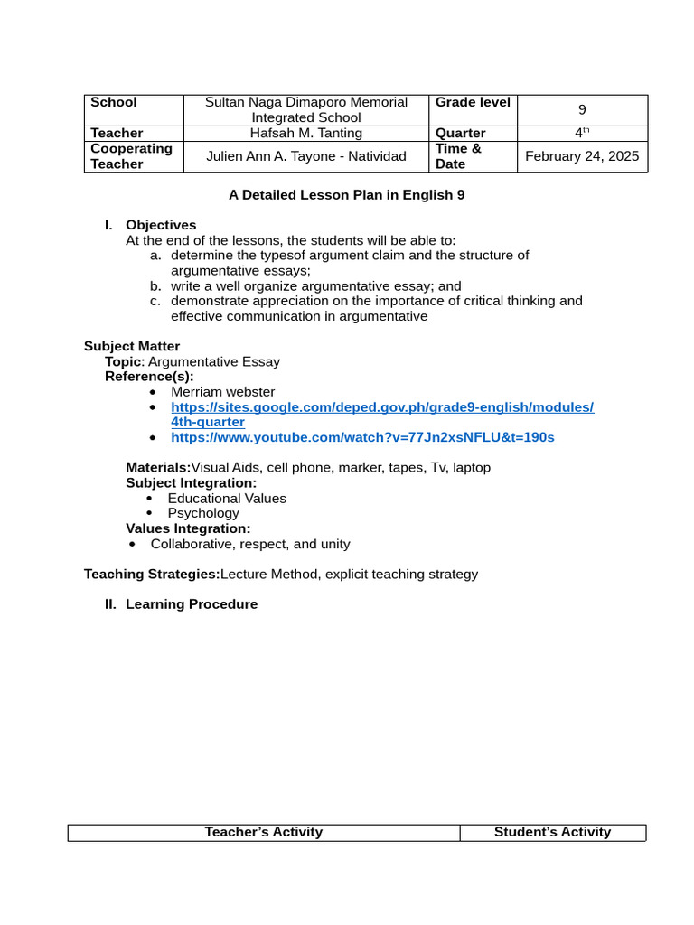Argumentative Essay Lesson Plan for Grade 9 | PDF | Essays | Argument