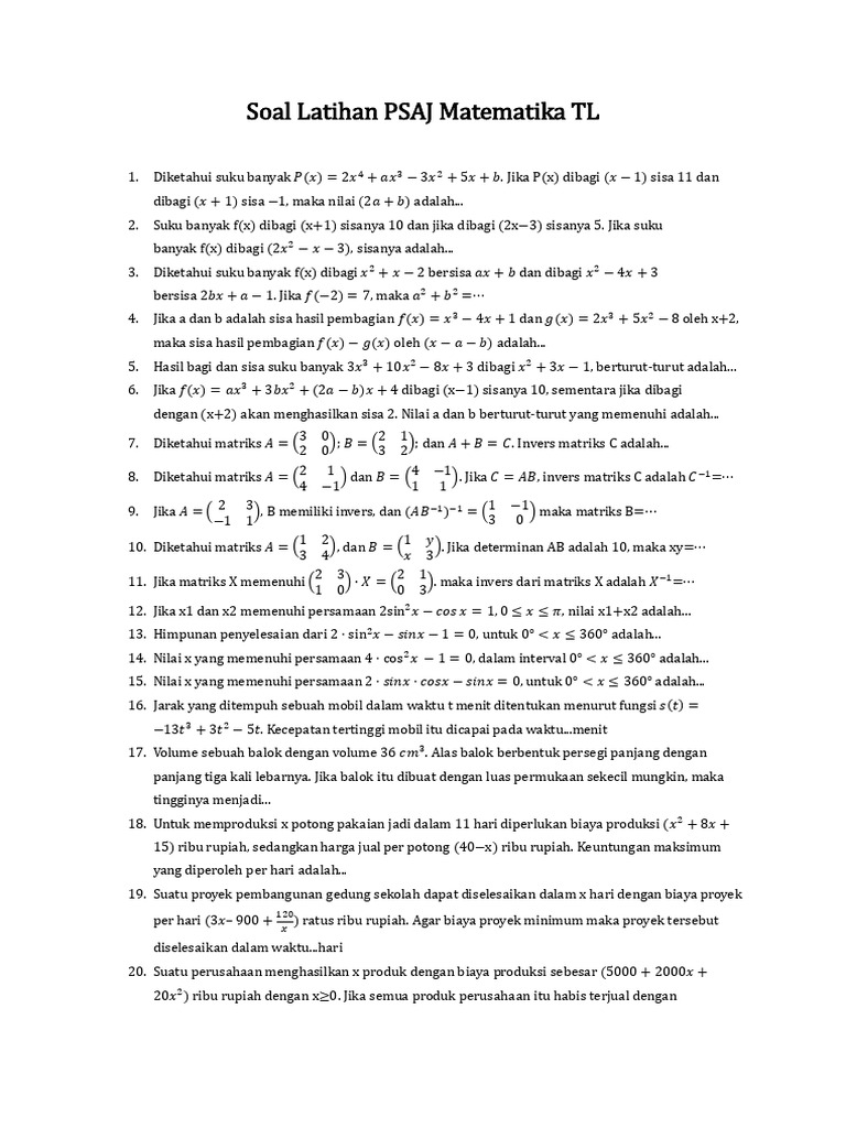 Soal Latihan PSAJ Matematika TL | PDF