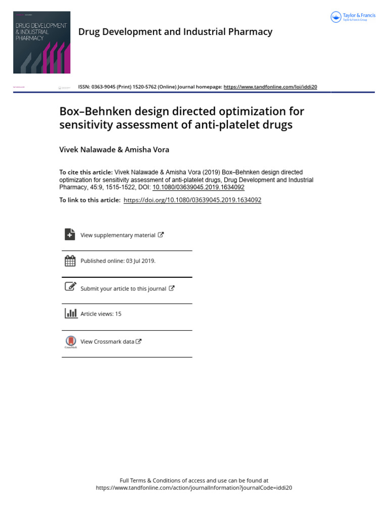 Box-Behnken Design Directed Optimization For Sensitivity Assessment of Anti-Platelet Drugs | PDF ...
