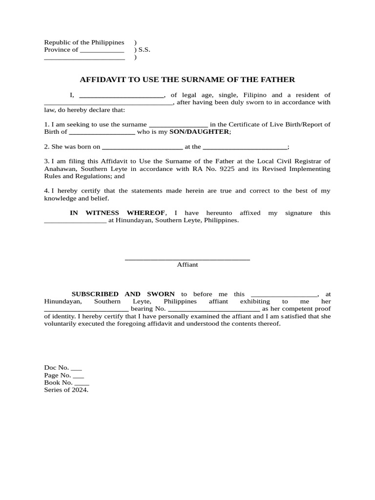 Affidavit of To Use Surname of The Father | PDF