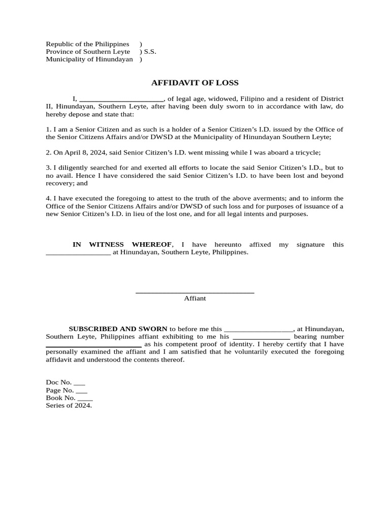 AFFIDAVIT OF LOSS Senior Citizen's ID | PDF