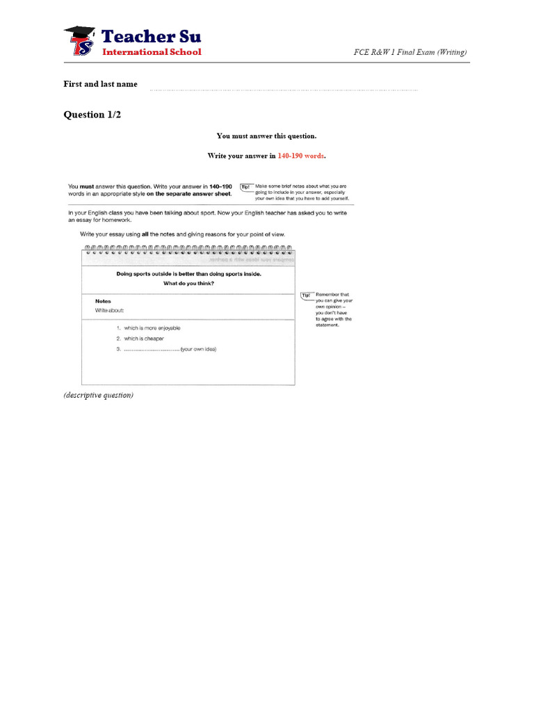 FCE R&W 1 Final Exam (Writing) | PDF