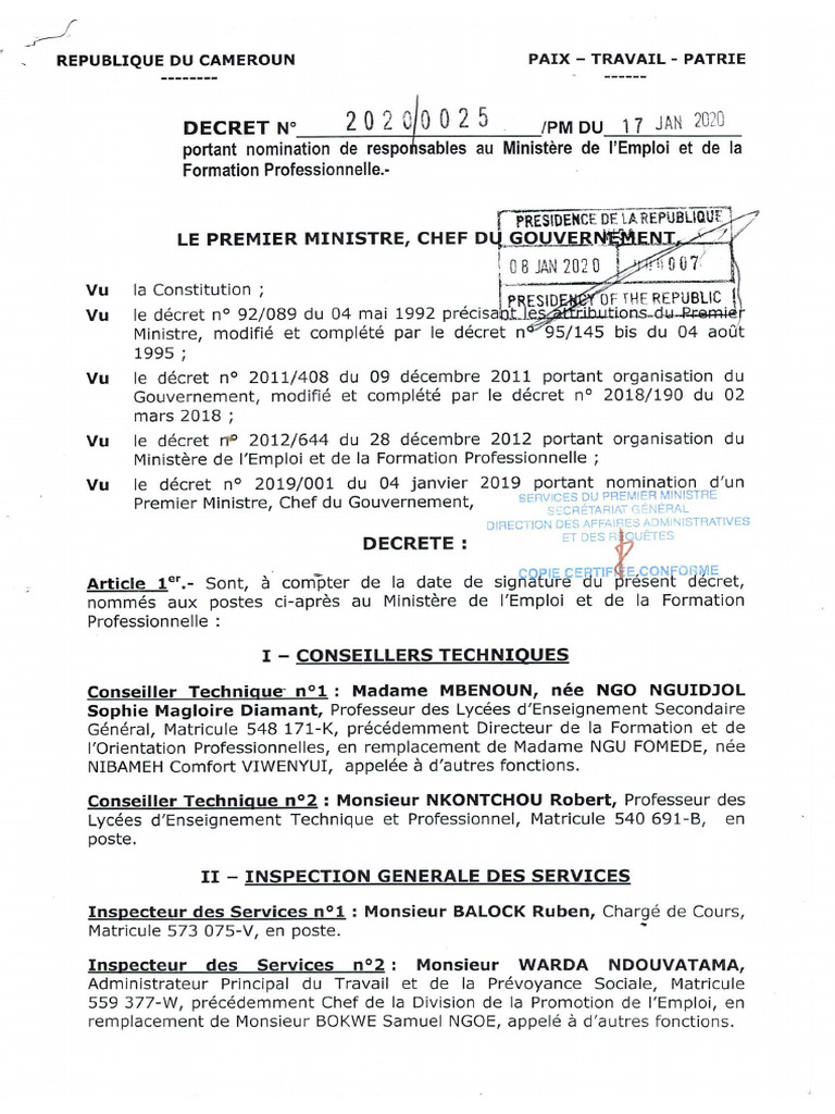 Decret 2020-0025 Nominations Minefop | PDF