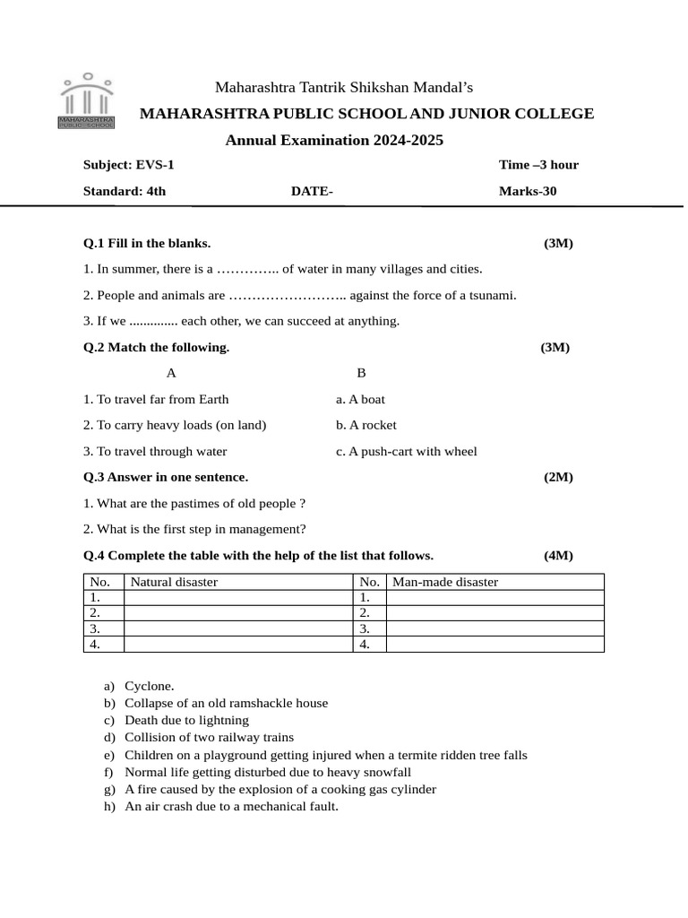 4th EVS 1 annual QP 24-25 | PDF | Natural Hazards | Natural Disasters