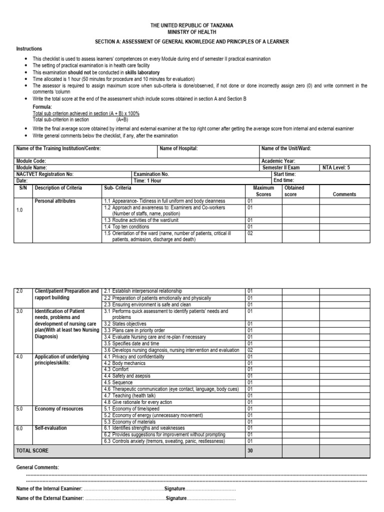 Nta Level5_section a General Checklist | PDF | Nursing | Patient