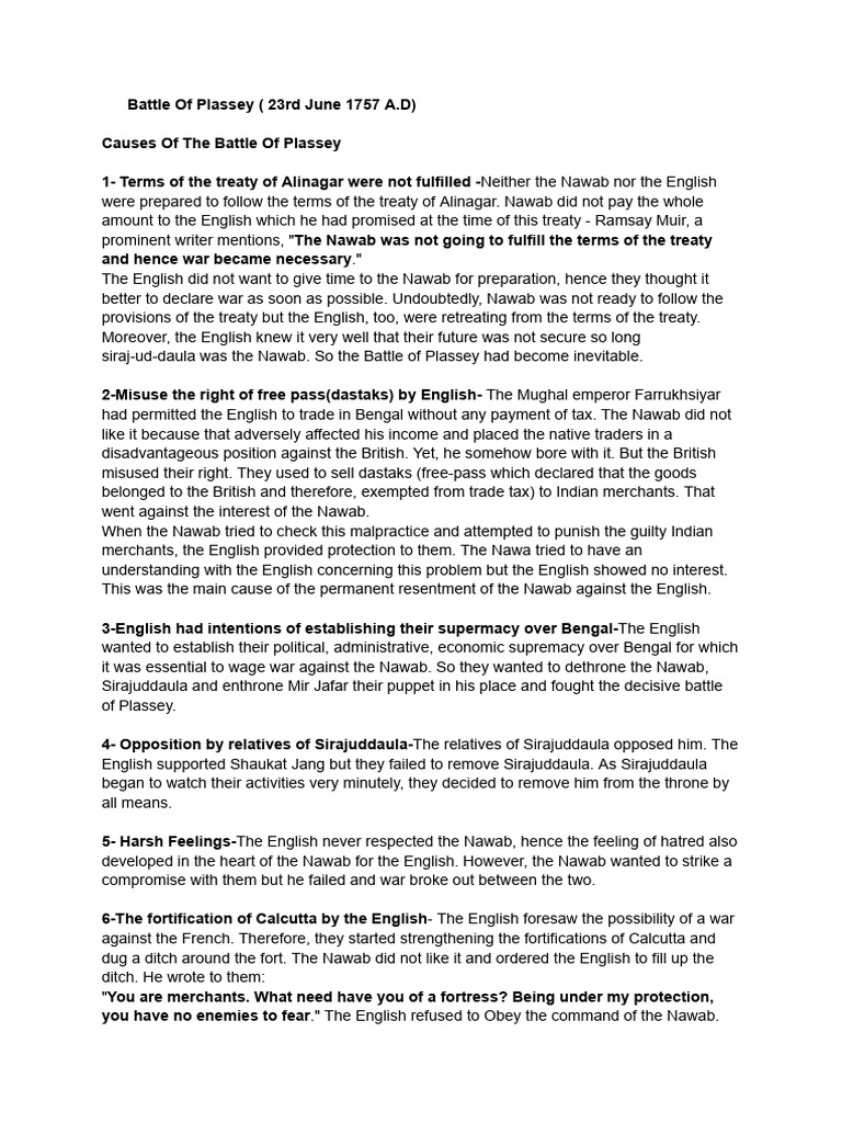 Causes and Results of Plassey Battle | PDF