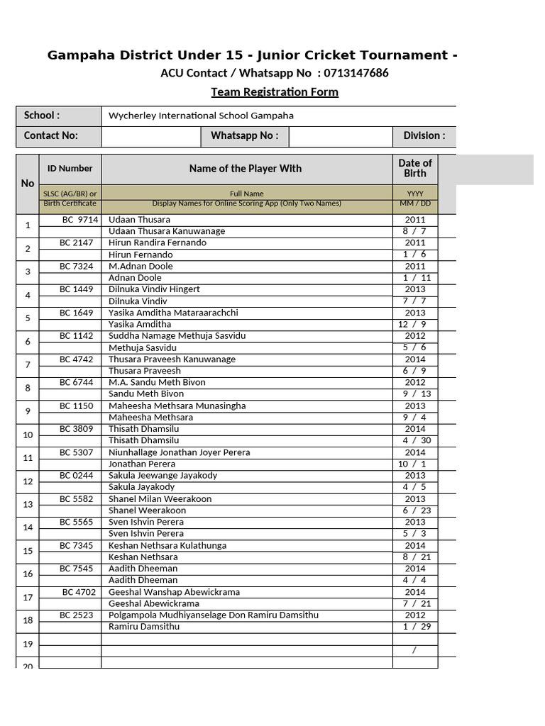 ACU Cup U15 Registration Form 2025 | PDF
