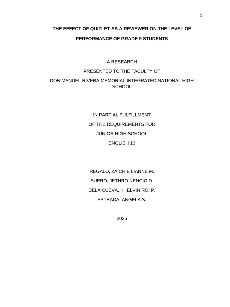 THE EFFECT OF QUIZLET AS A REVIEWER ON THE LEVEL OF PERFORMANCE OF ...