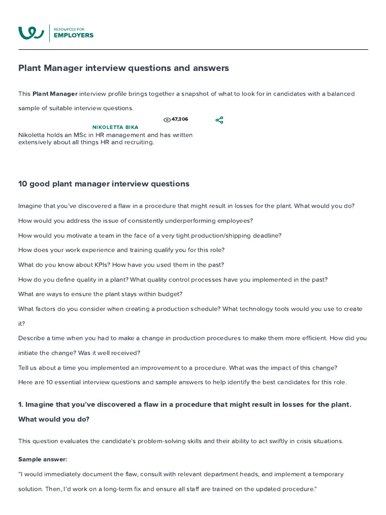 10+ Proven Plant Manager Interview Questions (+answers) | PDF ...