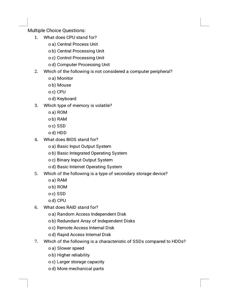 Unit 1 Multiple Choice Questions | PDF | Random Access Memory | Computer Data Storage