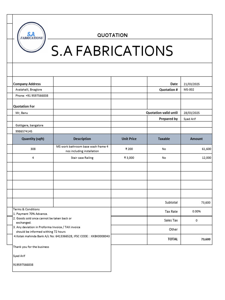 Sa Fabrications Quotation | PDF