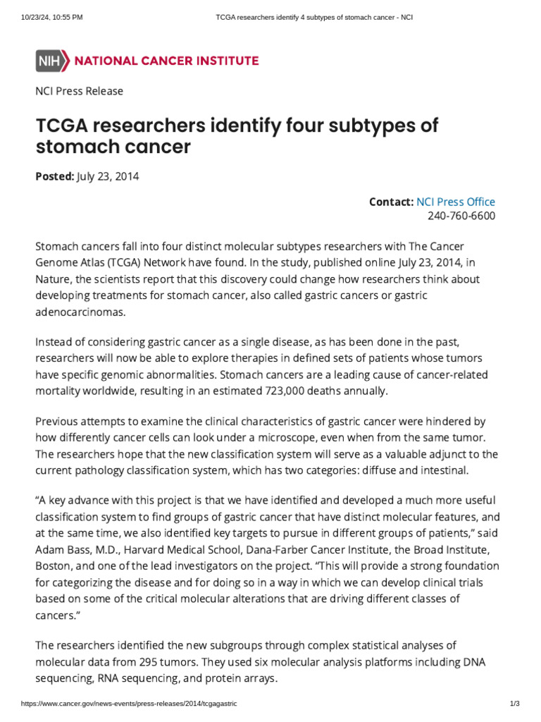 TCGA Researchers Identify 4 Subtypes of Stomach Cancer - NCI | PDF ...