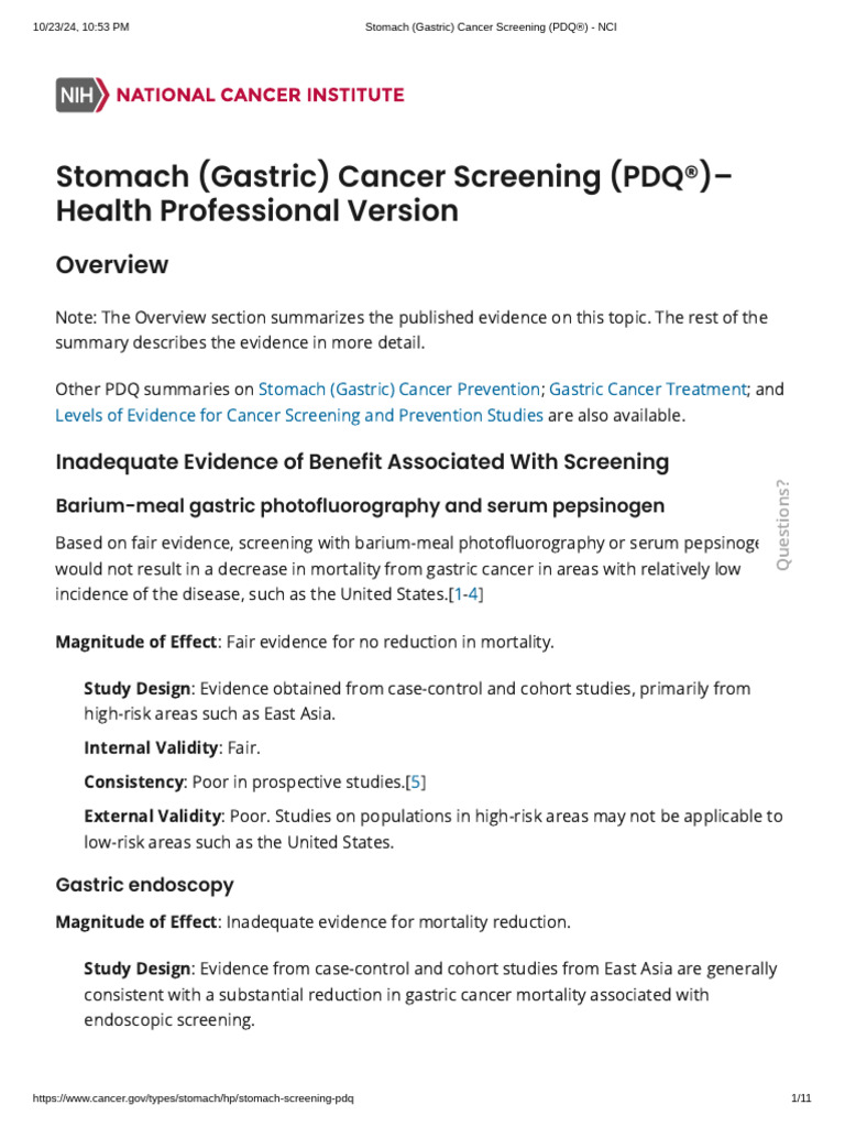 Stomach (Gastric) Cancer Screening (PDQ®) - NCI | PDF | Screening (Medicine) | Cancer